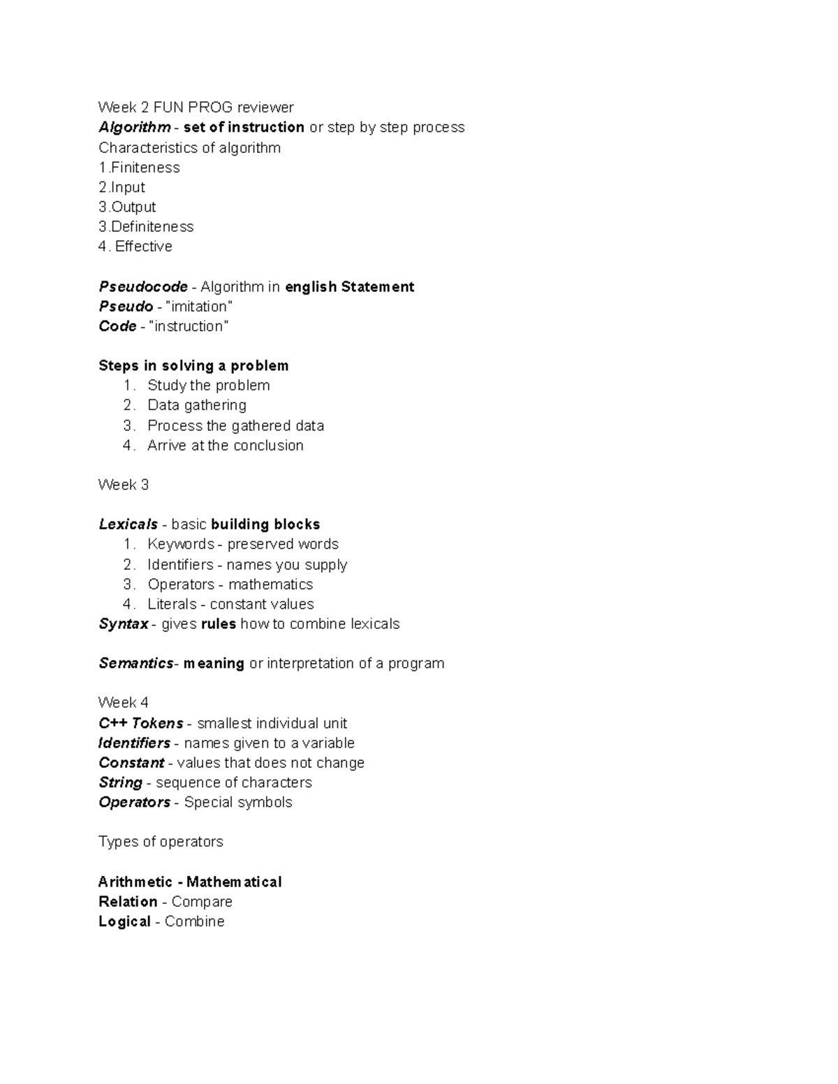 Reviewer FUN PROG - hmmm - Week 2 FUN PROG reviewer Algorithm - set of ...