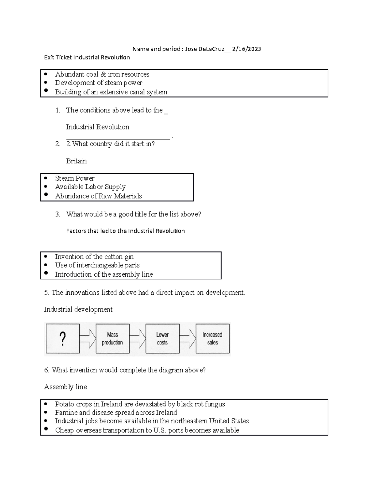 Industrial Revolution Exit ticket - Name and period : Jose DeLaCruz__ 2 ...