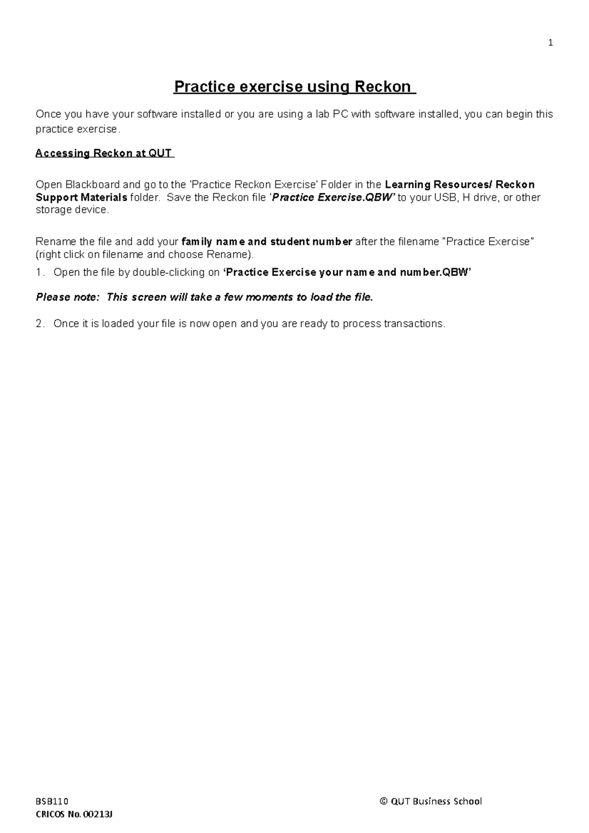 Reckon Practice Exercise and Instructions-1 - Practice exercise using ...