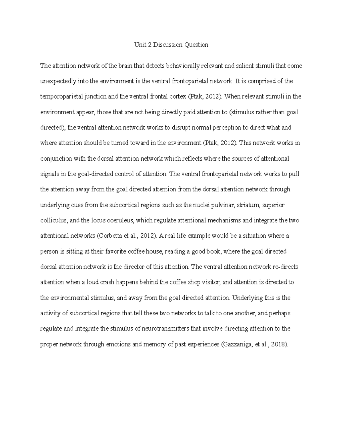 Unit 2 Discussion Question - Unit 2 Discussion Question The attention network of the brain that ...