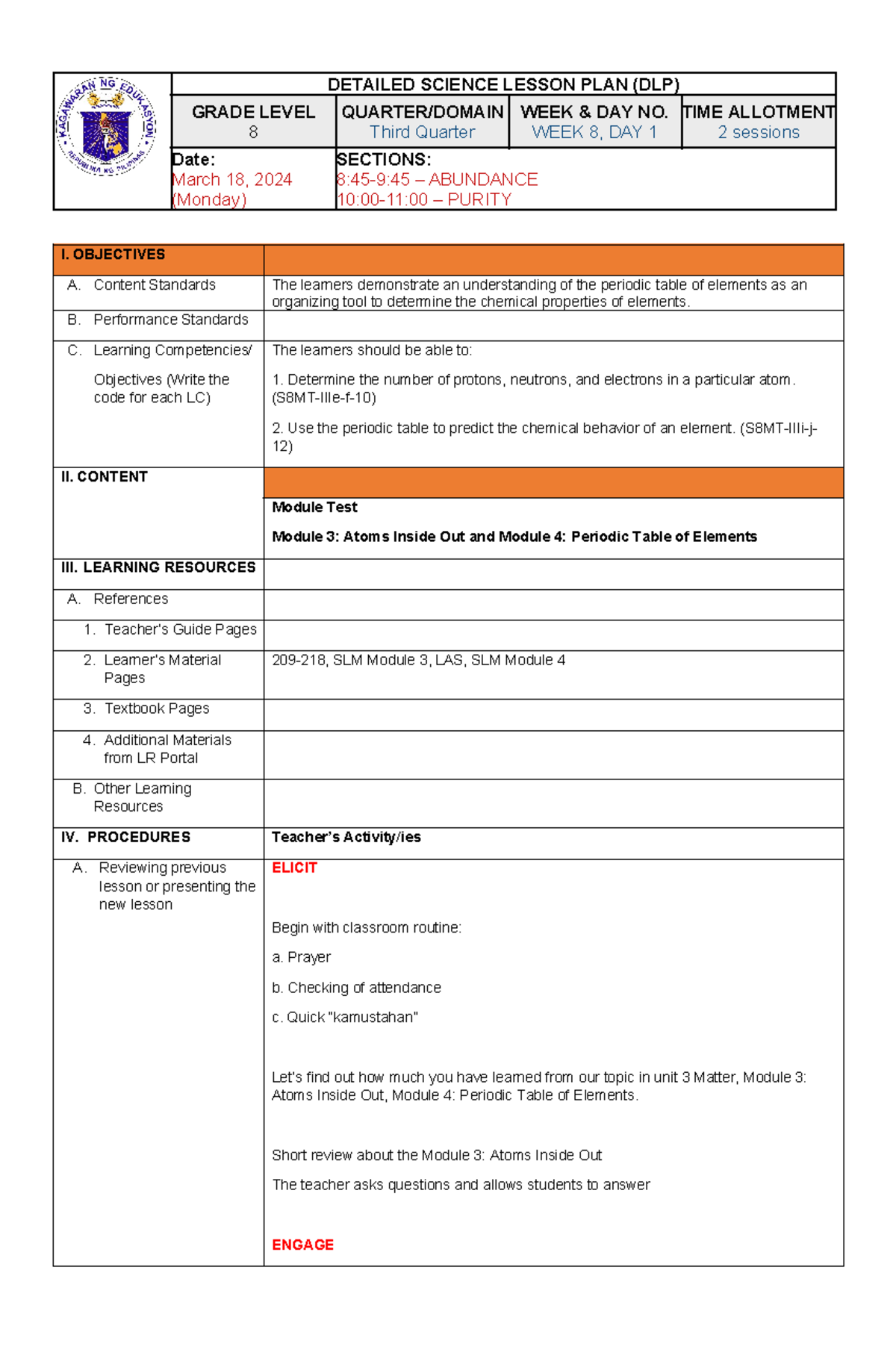 Module TEST LP - LESSON PLAN FOR GRADE 8 - DETAILED SCIENCE LESSON PLAN ...