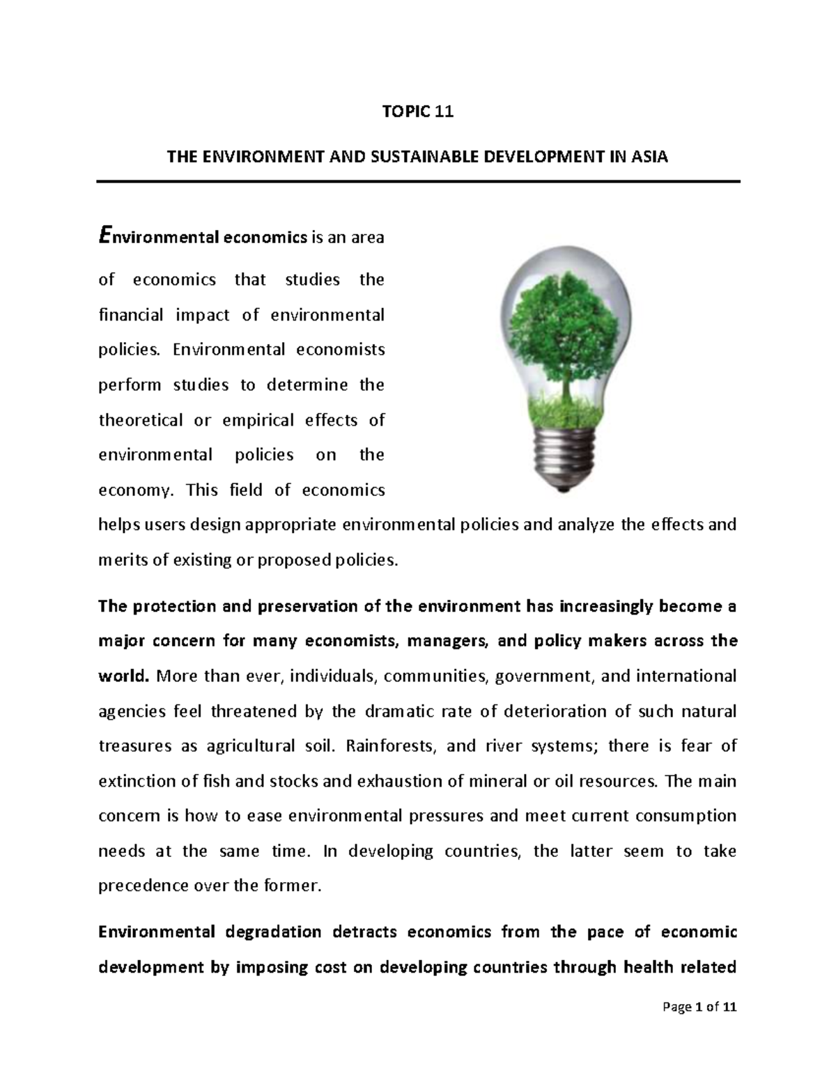 Topic 11 Economic Development - TOPIC 11 THE ENVIRONMENT AND ...