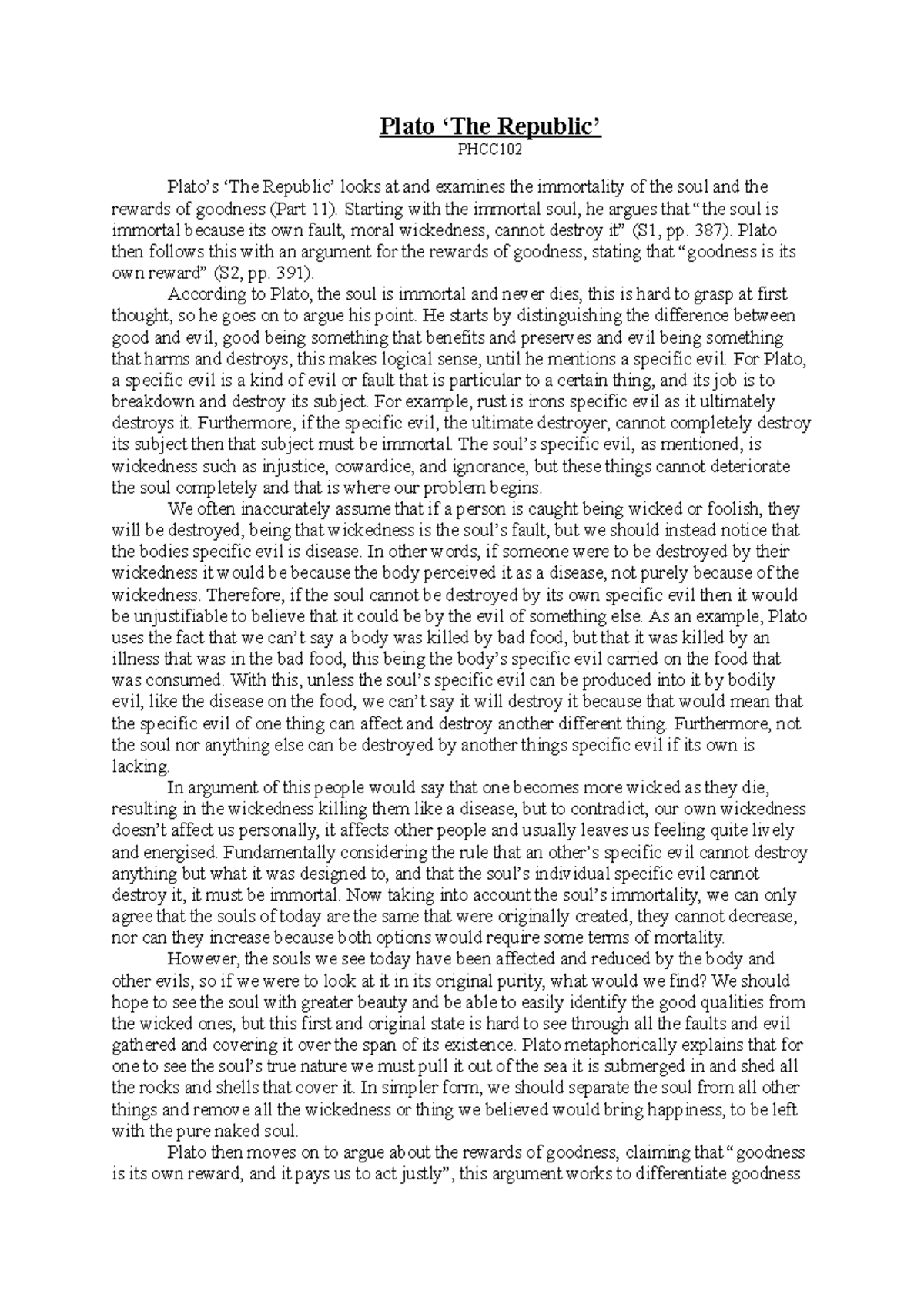 Plato's Republic Written Analysis- PHCC102 - Plato ‘The Republic’ PHCC ...
