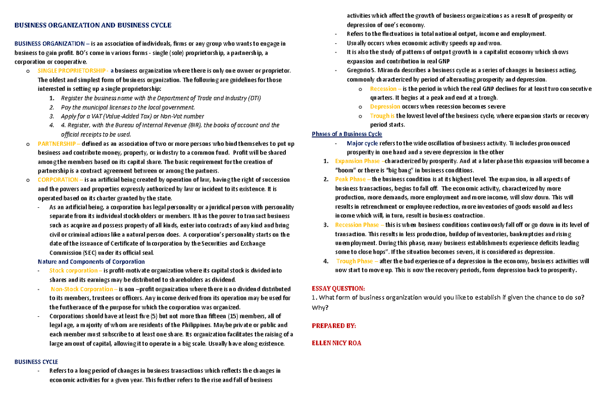Business Organization AND Business Cycle- Study Material - BUSINESS ...