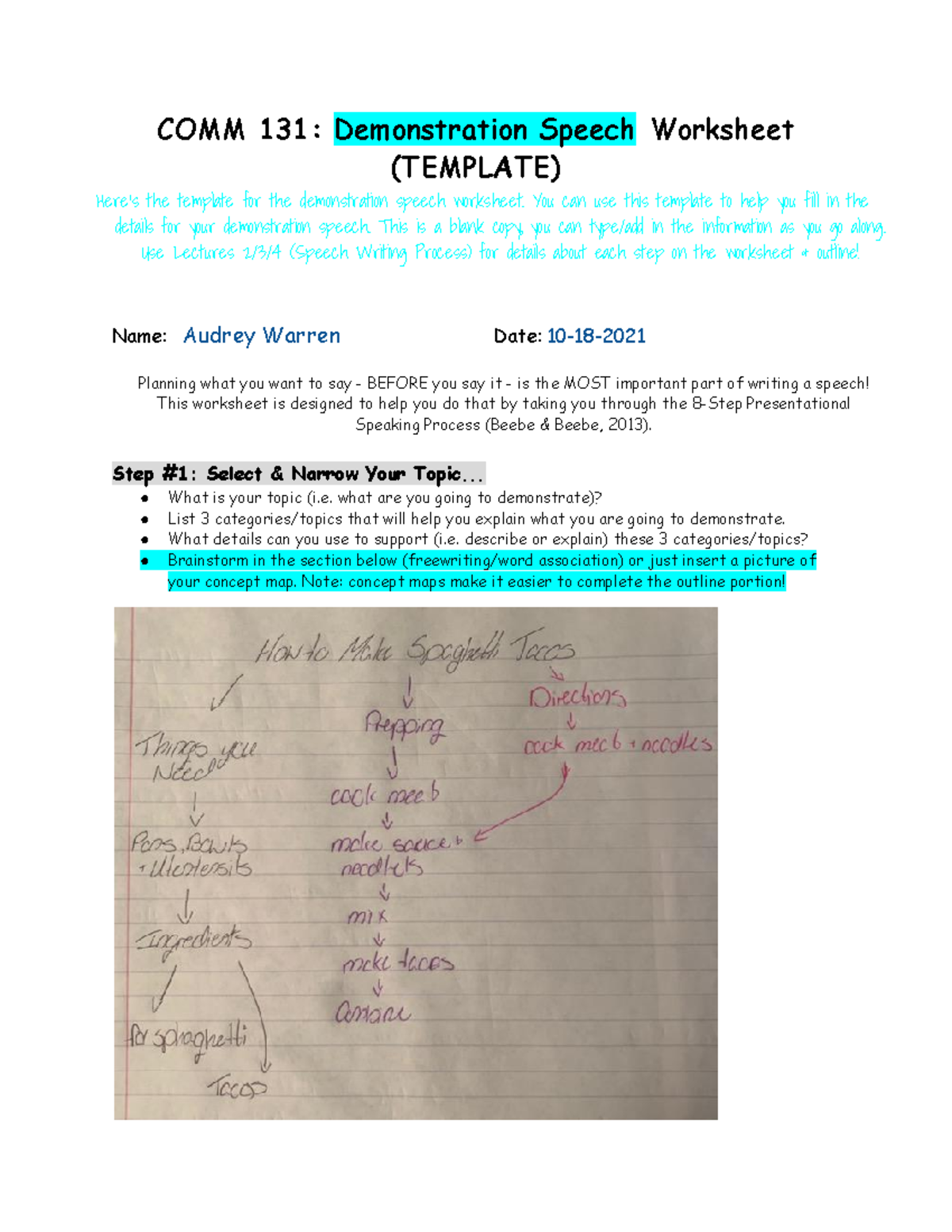 Demonstration speech Worksheet Outline - COMM 131: Demonstration Speech ...