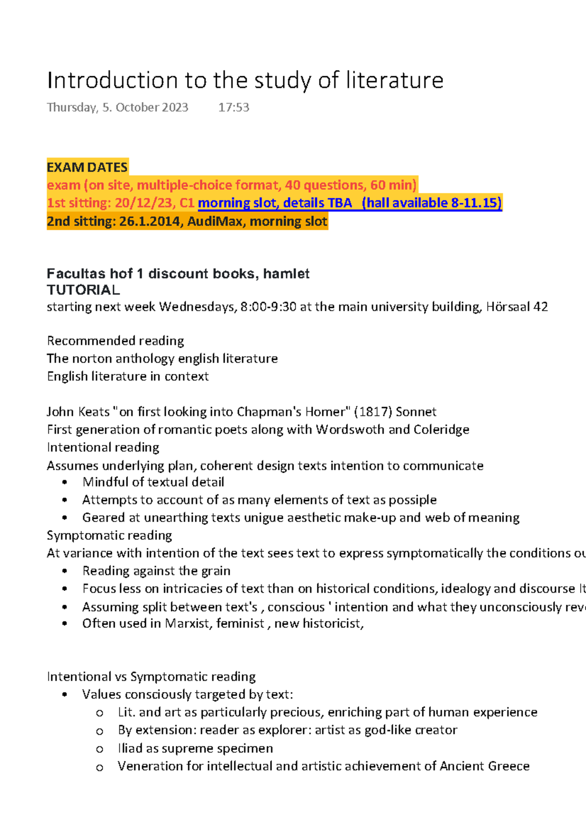Introduction to the study of literature - EXAM DATES exam (on site ...
