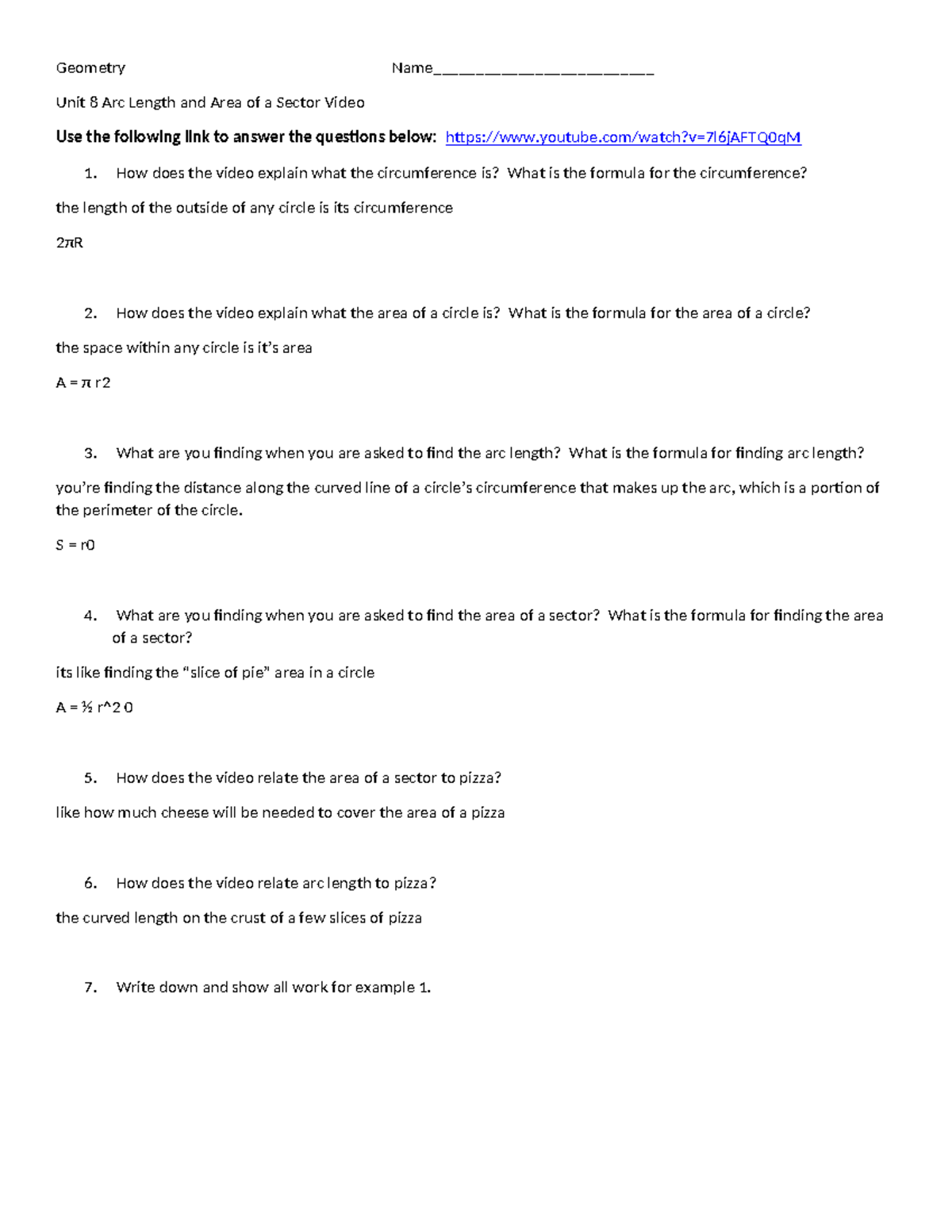 Arc length and area of sector video - Geometry Name ...