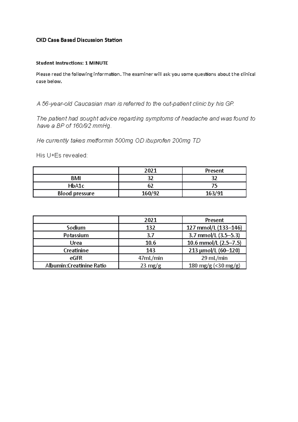 Station 2 Mock OSCE CBD - CKD - CKD Case Based Discussion Station ...