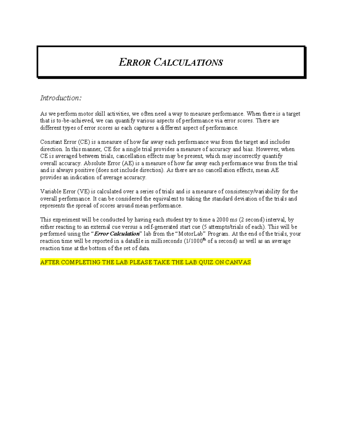 Errors - Lab Activity NH 2 - ERROR CALCULATIONS Introduction: As we ...