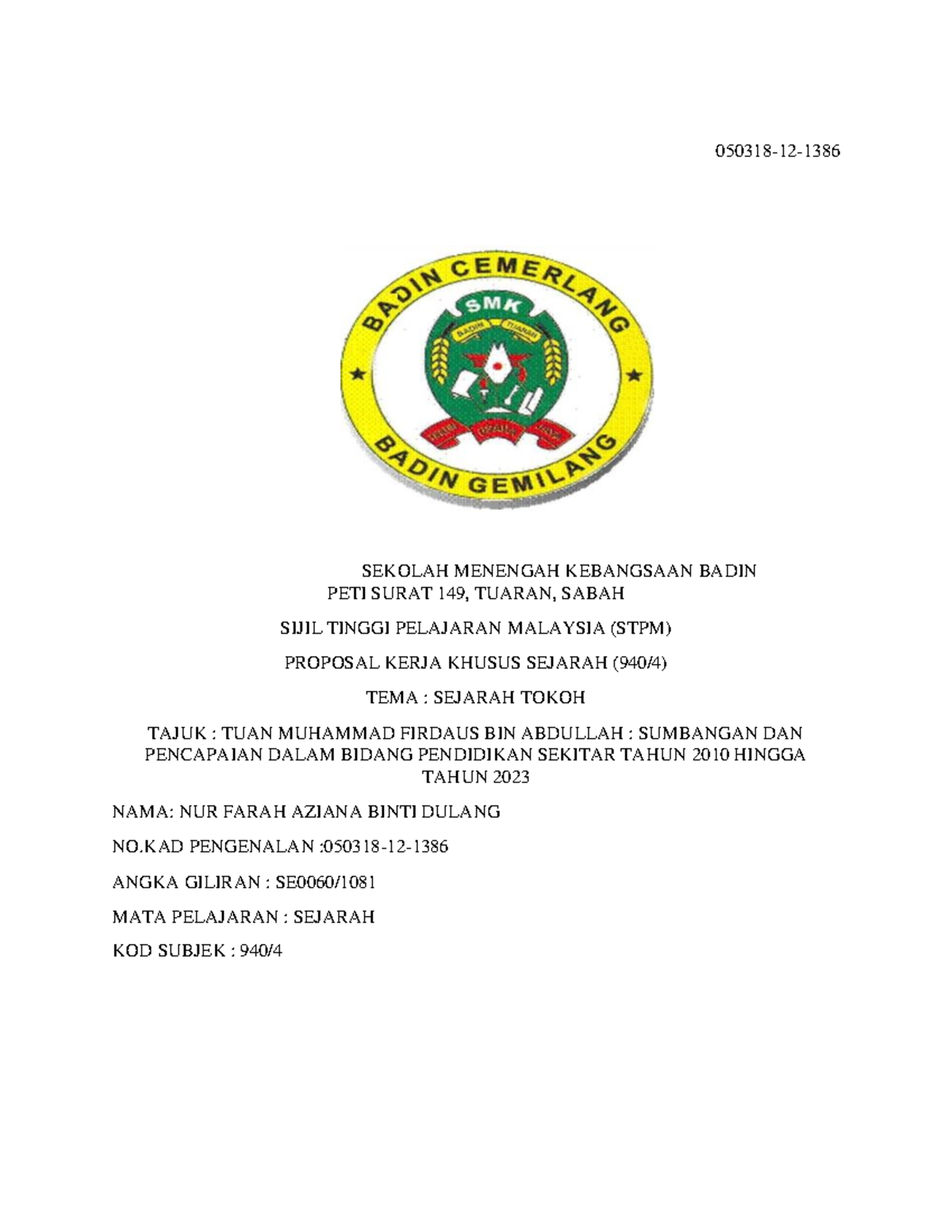 Nur farah - proposal sej - Copy - SEKOLAH MENENGAH KEBANGSAAN BADIN ...