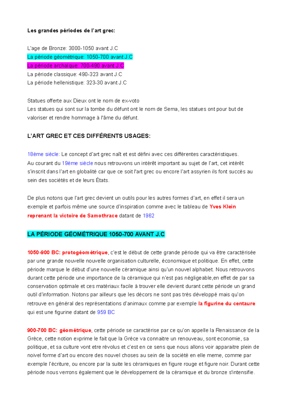 Fiche de revision art grec periode géométrique et archaique - Les ...