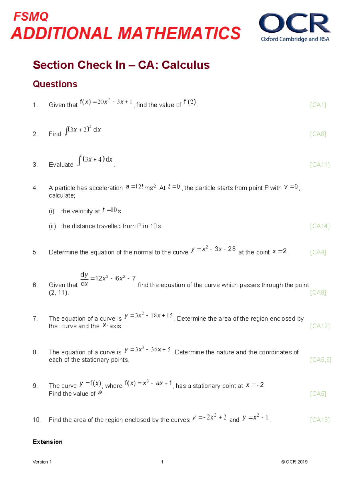 FSMQ Check In Calculus - Section Check In – CA: Calculus Questions 1 ...