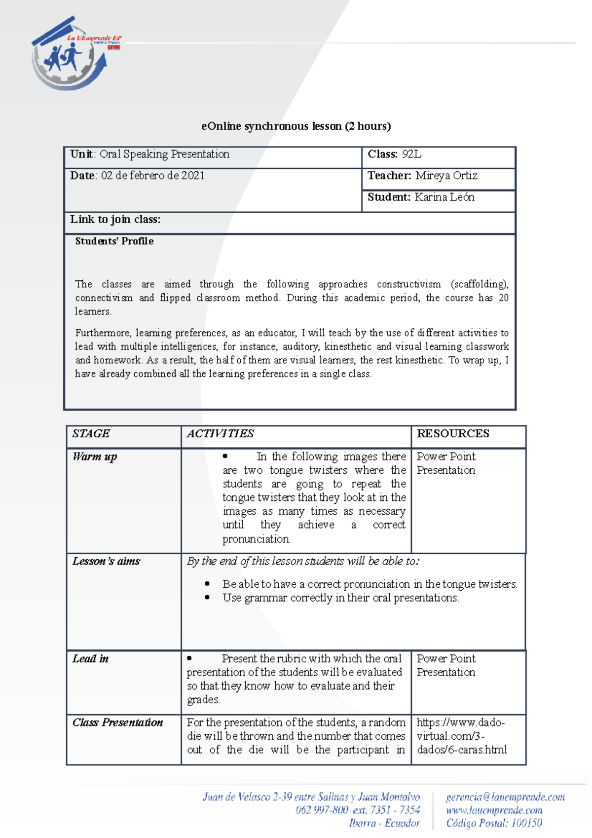 Lesson Plan 92L Febrero 2 León_bE GOING - eOnline synchronous lesson (2 ...