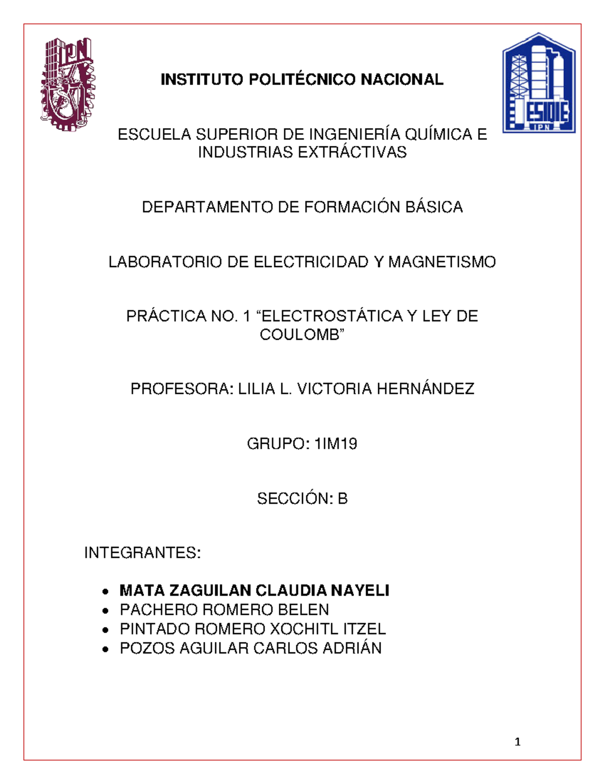 P1-Ley de Coulomb - Práctica 1- Laboratorio de electricidad y magnetismo - INSTITUTO POLITÉCNICO ...