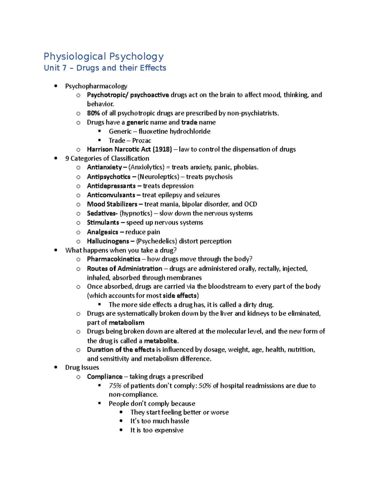 Unit 7 - Drugs and Their Effects - Physiological Psychology Unit 7 ...