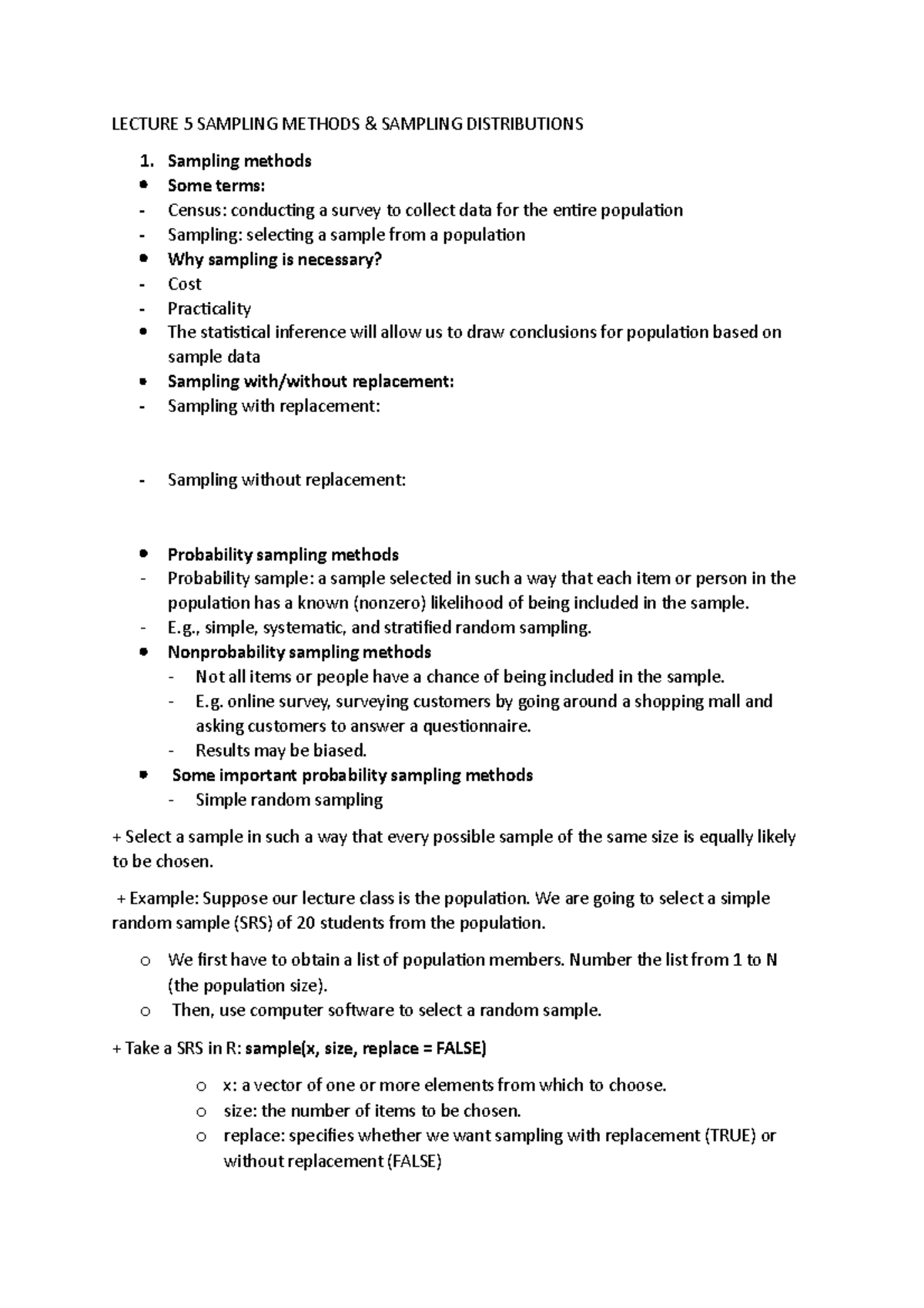 Lecture 5 Sampling Methods - LECTURE 5 SAMPLING METHODS & SAMPLING DISTRIBUTIONS Sampling - Studocu