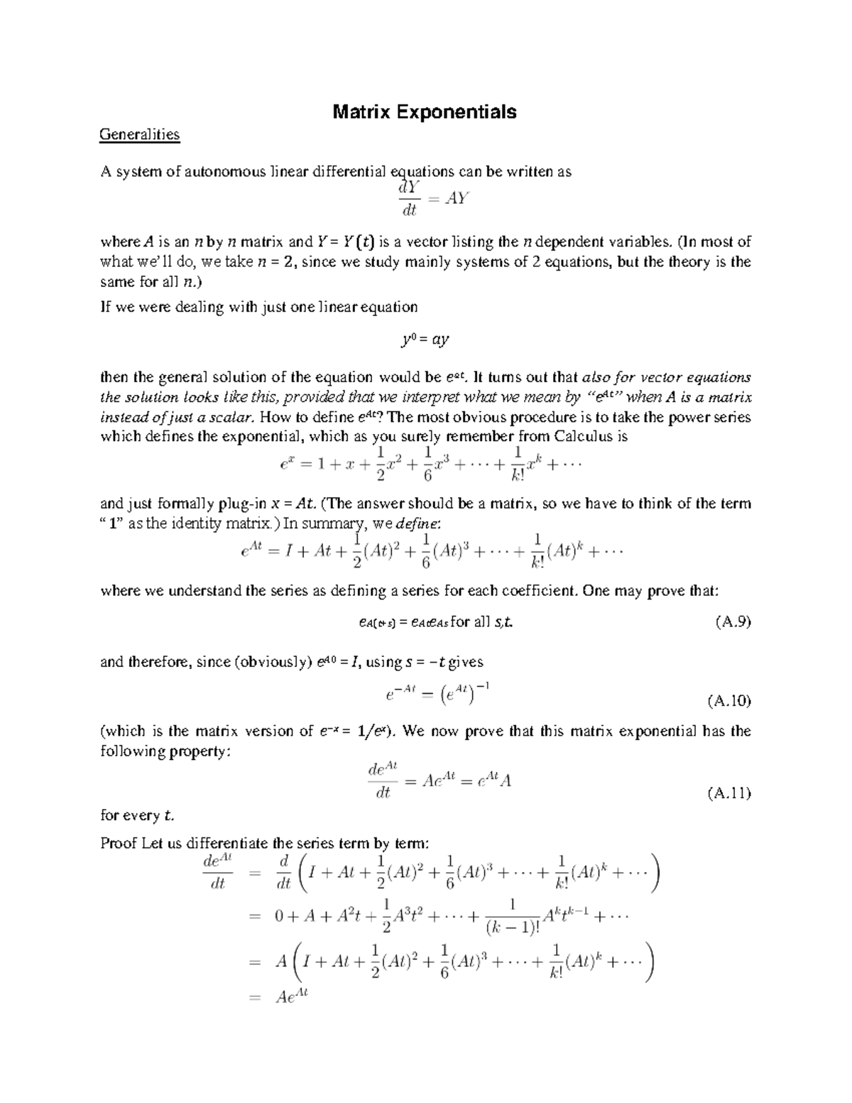 Matrix Exponentials - Matrix Exponentials Generalities A system of autonomous linear ...