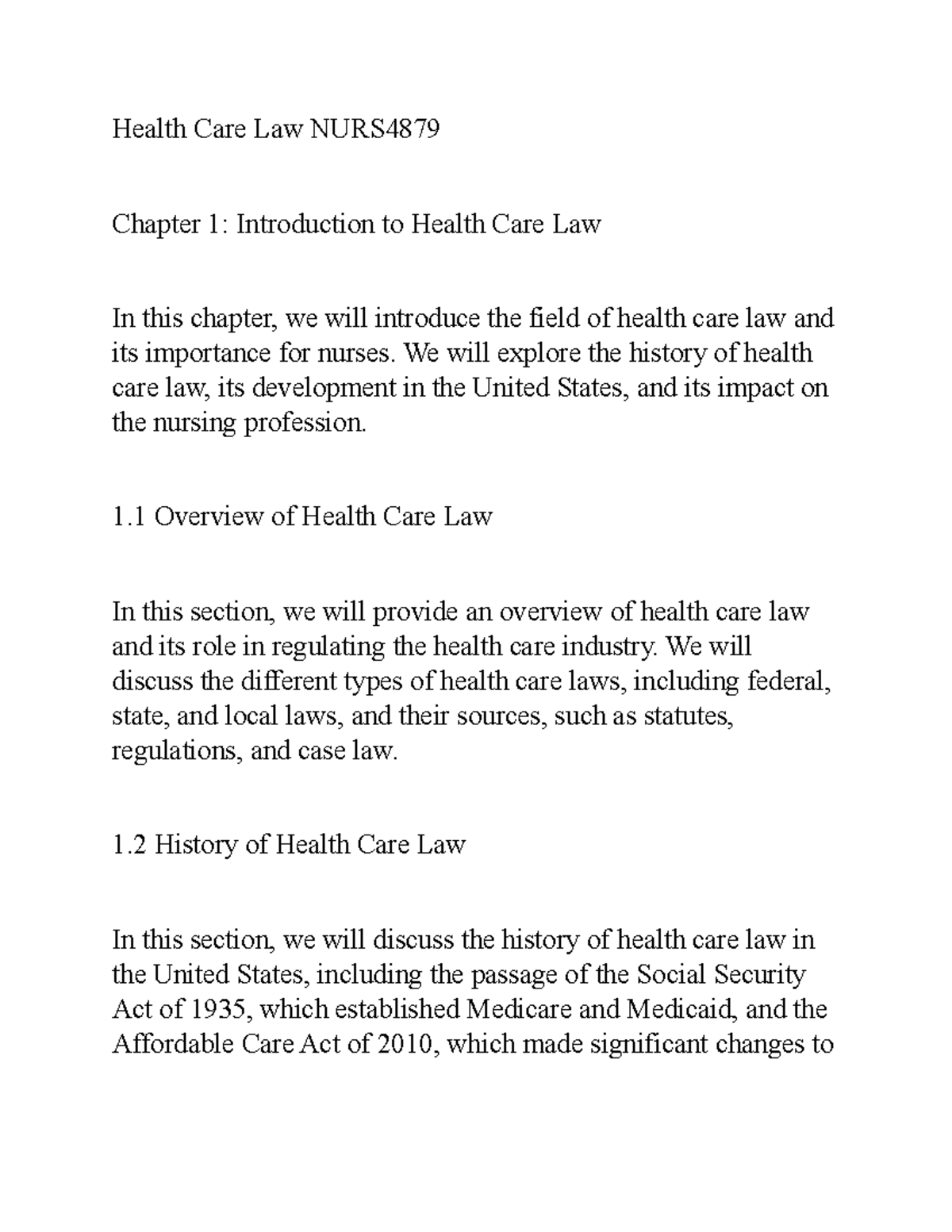 Health Care Law NURS4879 1 - Health Care Law NURS Chapter 1 ...