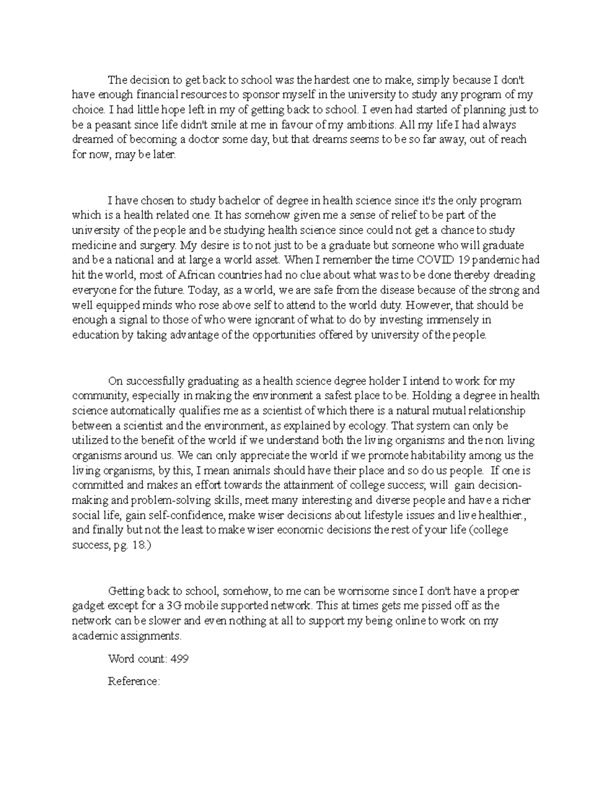 Uo People assignment - Essay - The decision to get back to school was ...