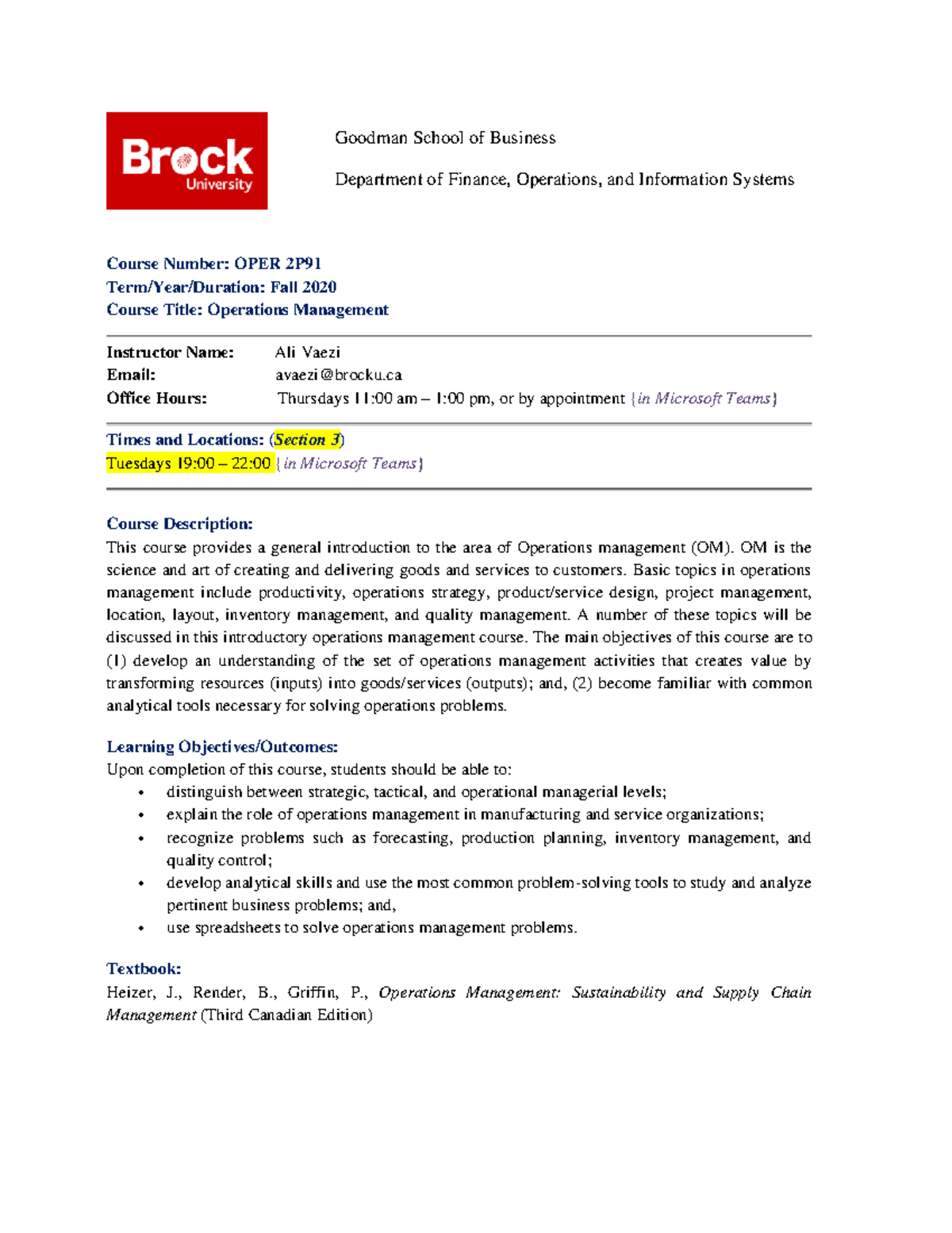 Course Outline - OPER 2P91 S3 Fall 2020 - OPER 2P91 - Brocku - Studocu