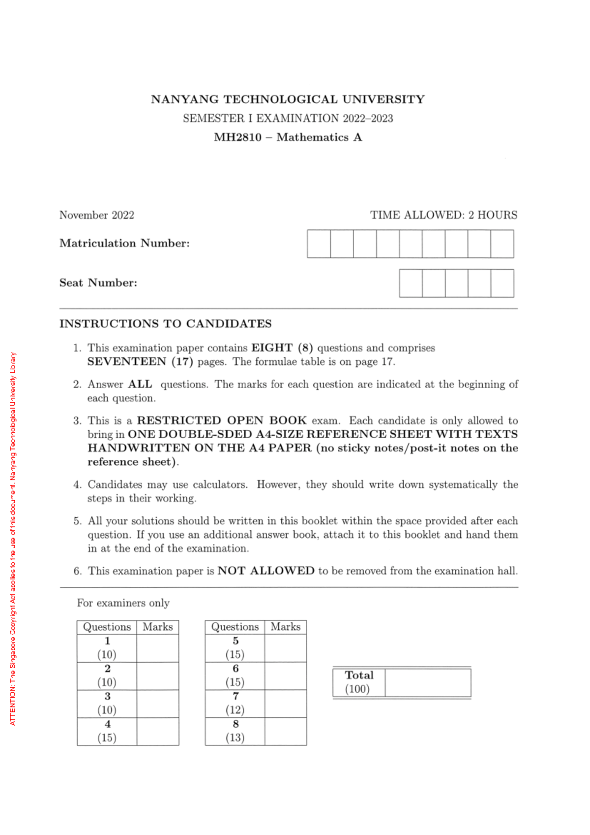 MH2810 2022-2023 Semester 1 - EG2810 - Studocu