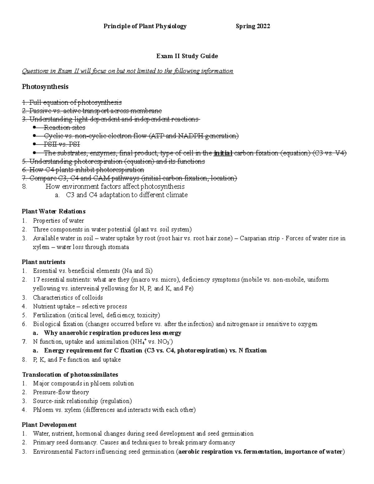 Study Guide II 2022 Summary For Chapter 4 8 Of Plant Physiology