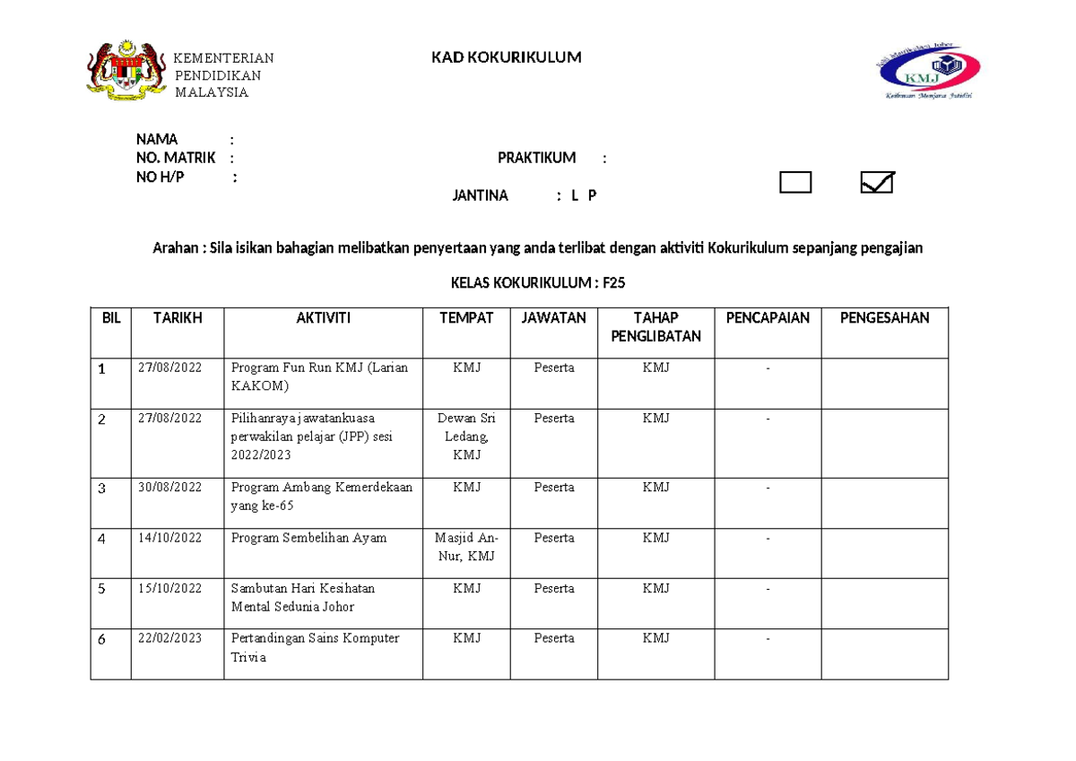 Borang KAD Kokurikulum 10% - KEMENTERIAN KAD KOKURIKULUM PENDIDIKAN ...