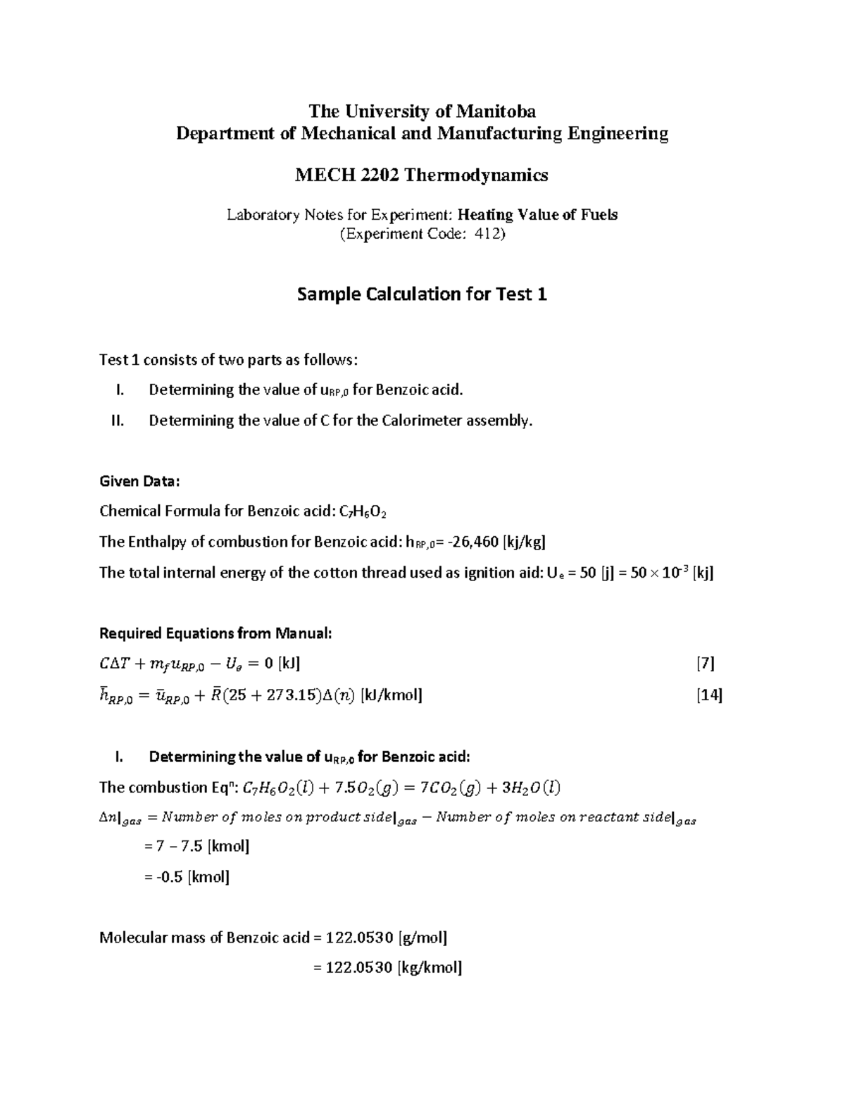Sample Calculation for Test 1 Lab 414 - The University of Manitoba ...
