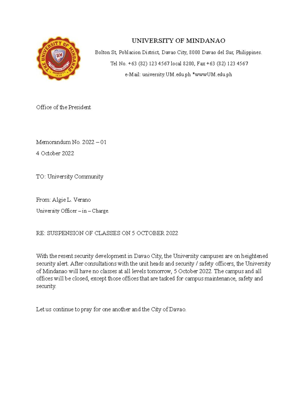 Memorandum - I hope it will help - UNIVERSITY OF MINDANAO Bolton St ...