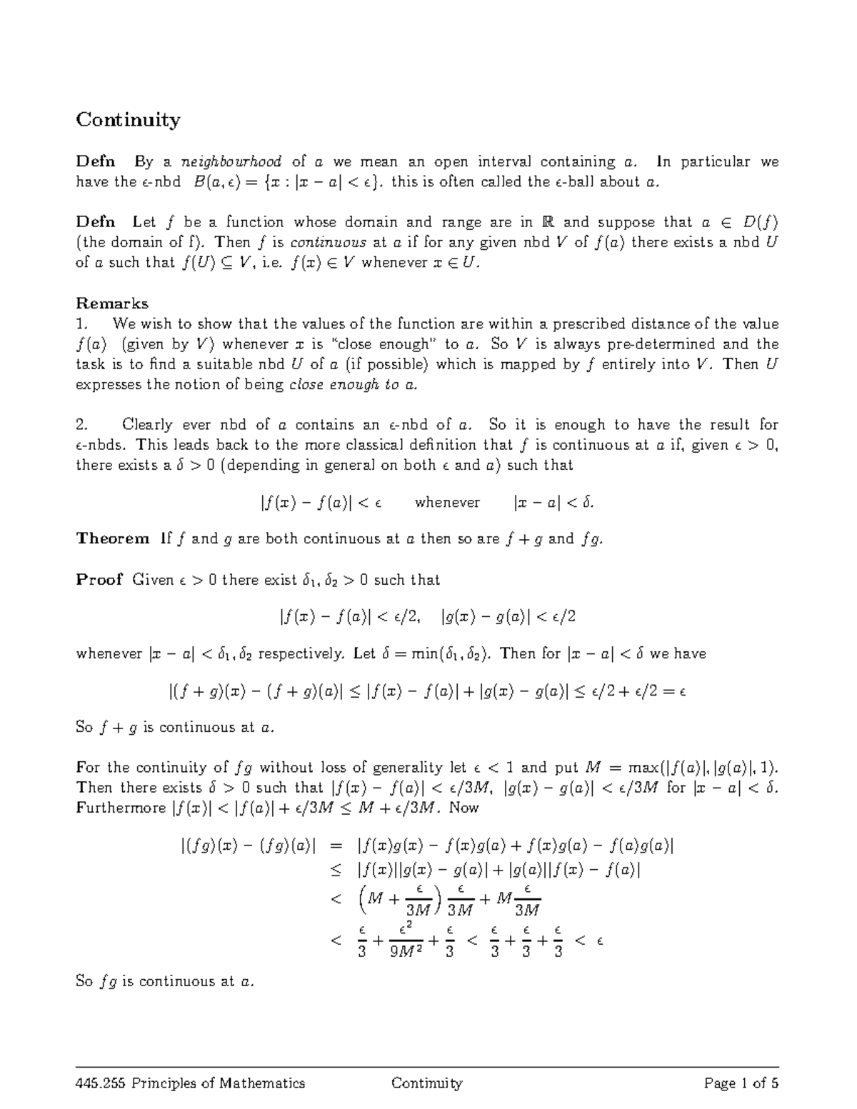 Continuity;Theorems And Derivations - Continuity Defn By a neighbourhood of a we mean an open ...