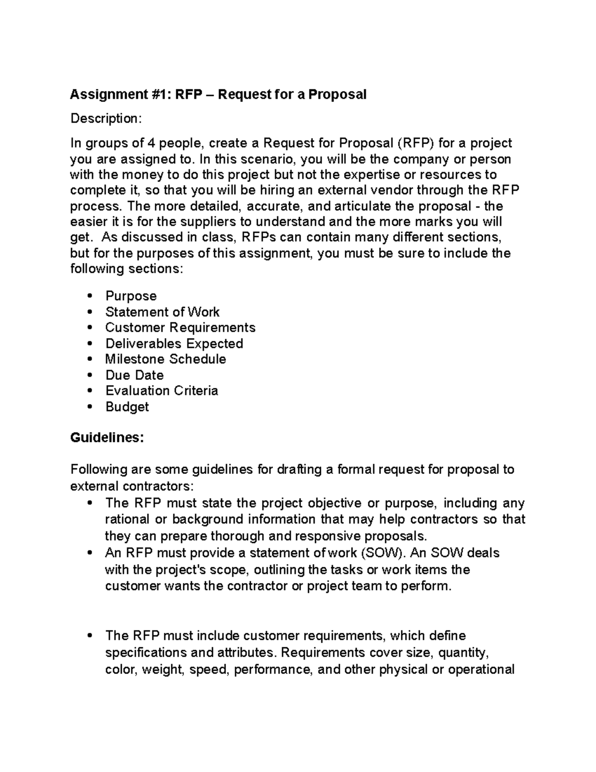 RFP - Description - Assignment - Assignment #1: RFP – Request for a Proposal Description: In ...
