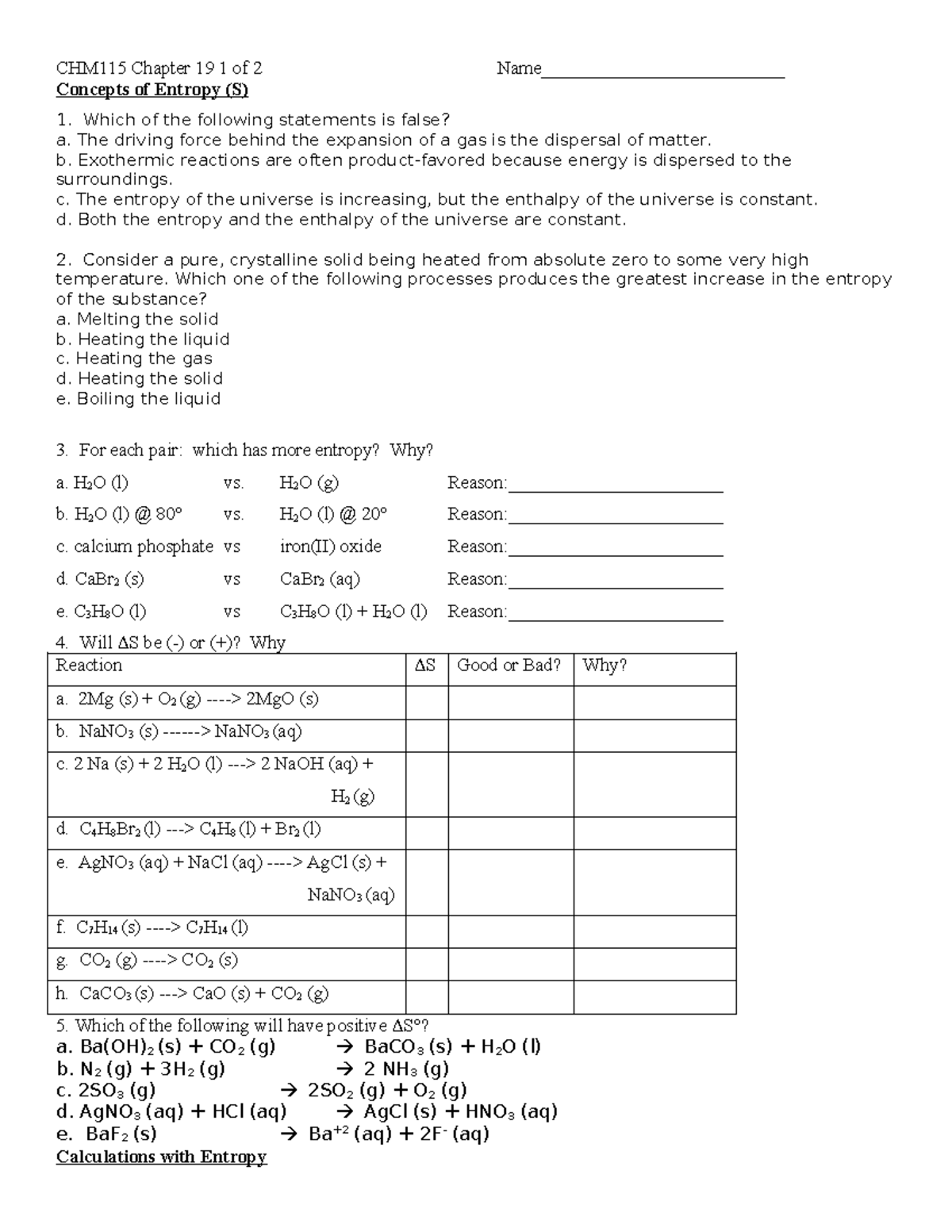 CHM115 WS Problems Chapter 19 1 of 2 - CHM115 Chapter 1 9 1 of 2 Name