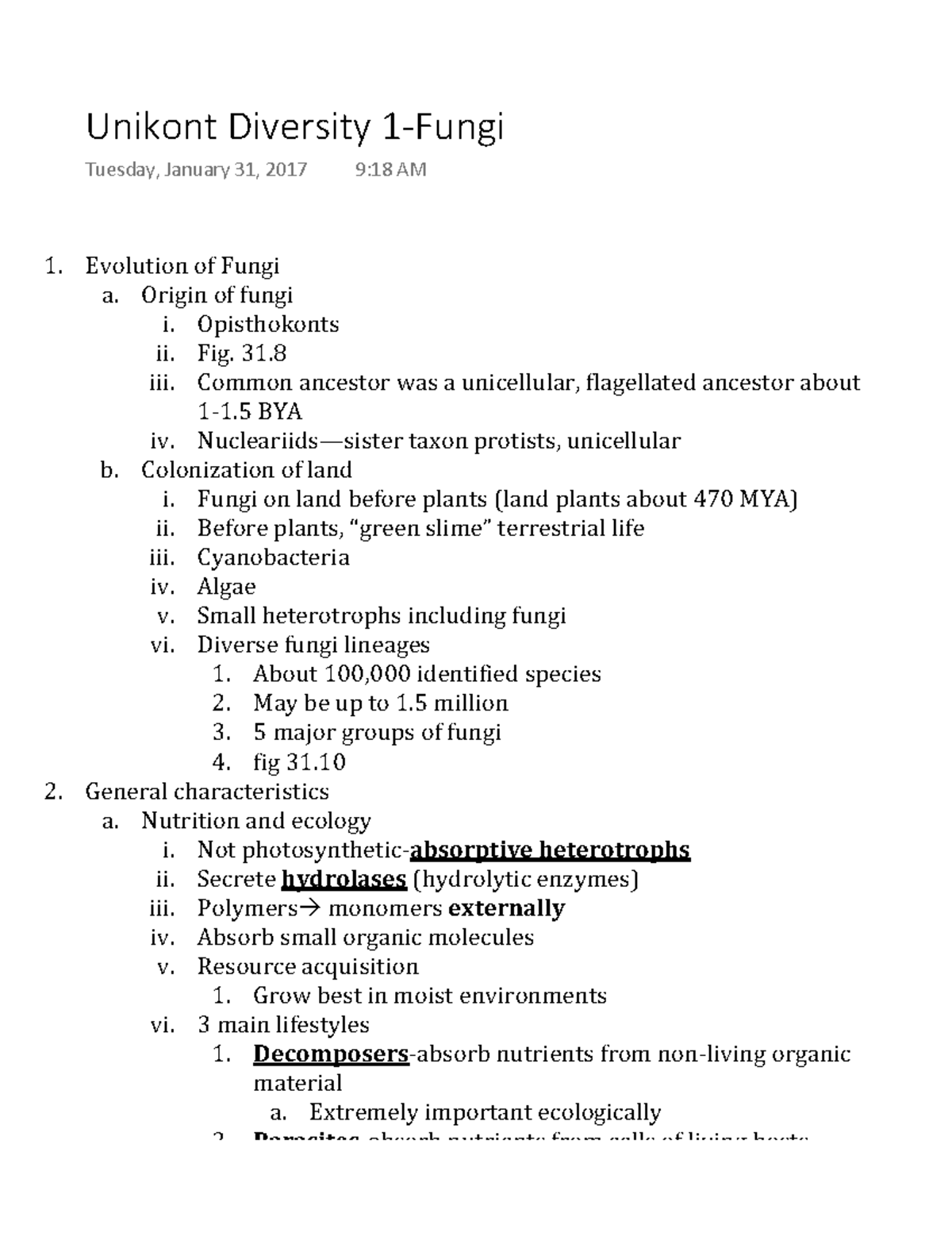 Unikont Diversity 1-Fungi - Unikont Diversity Tuesday, January 31, 2017 ...