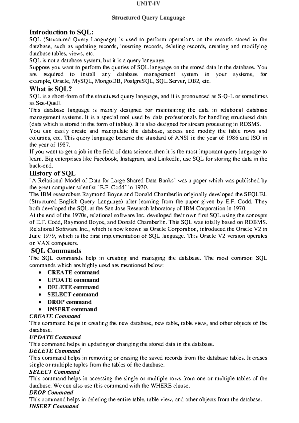 SQL UNIT IV - ####### UNIT-IV Structured Query Language Introduction to SQL: SQL (Structured ...