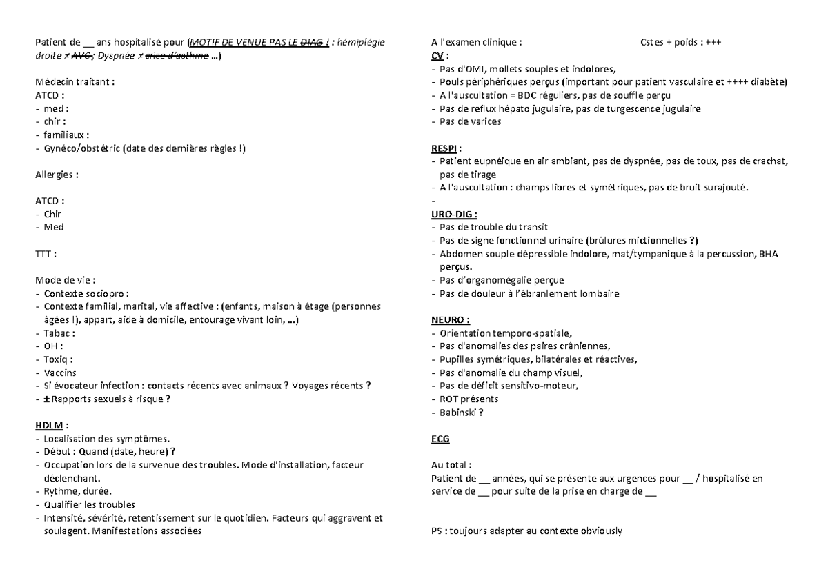 Interrogatoire médical type - Patient de __ ans hospitalisé pour (MOTIF ...