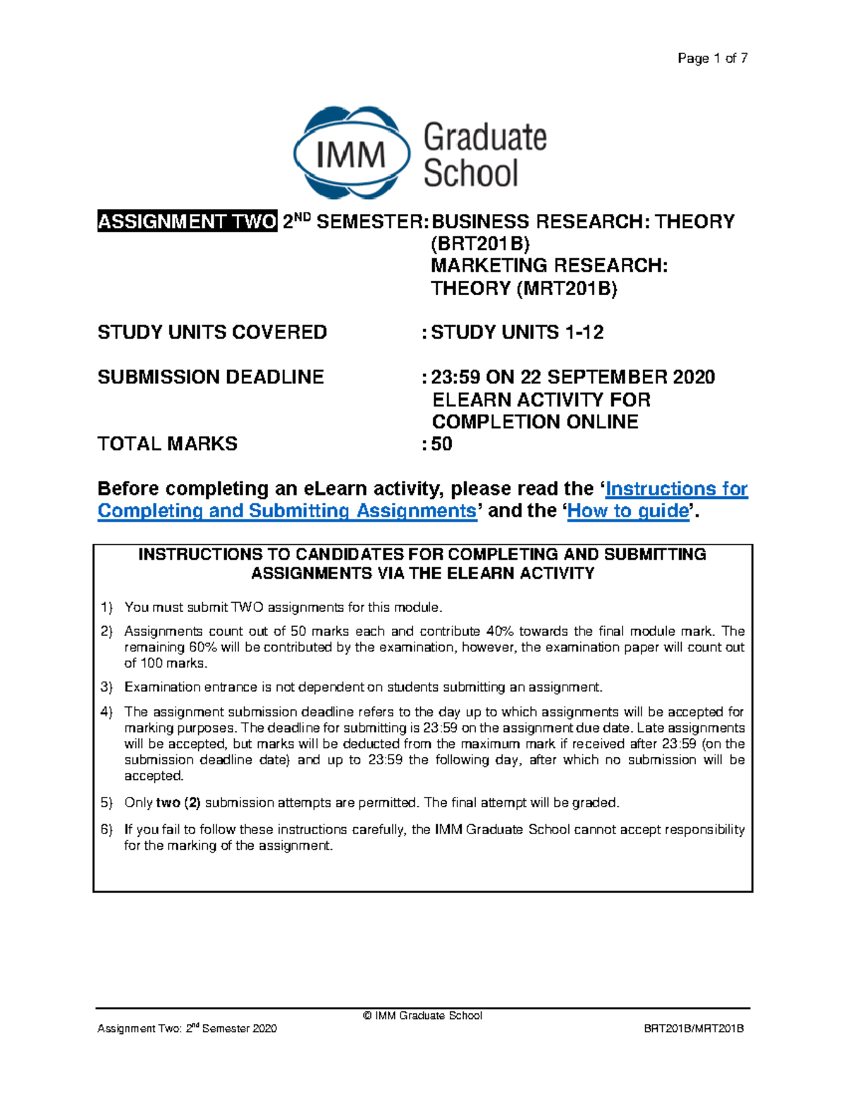 BRT201B MRT201B Assignment 2 Question Paper 2 2020 Edited - © IMM ...