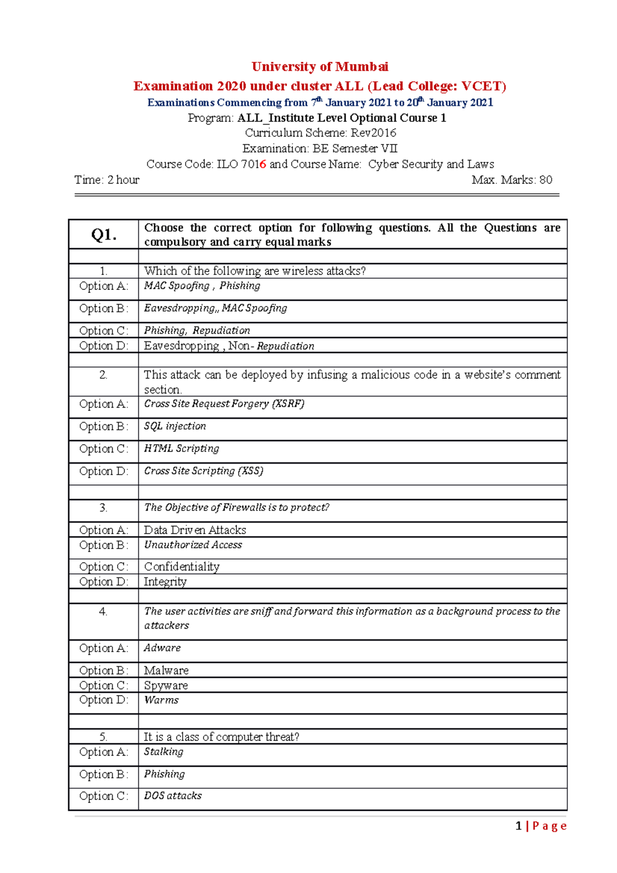 2001 R16 All Sem VII ILO 7016 CSL QP1 - University of Mumbai Examination 2020 under cluster ALL ...
