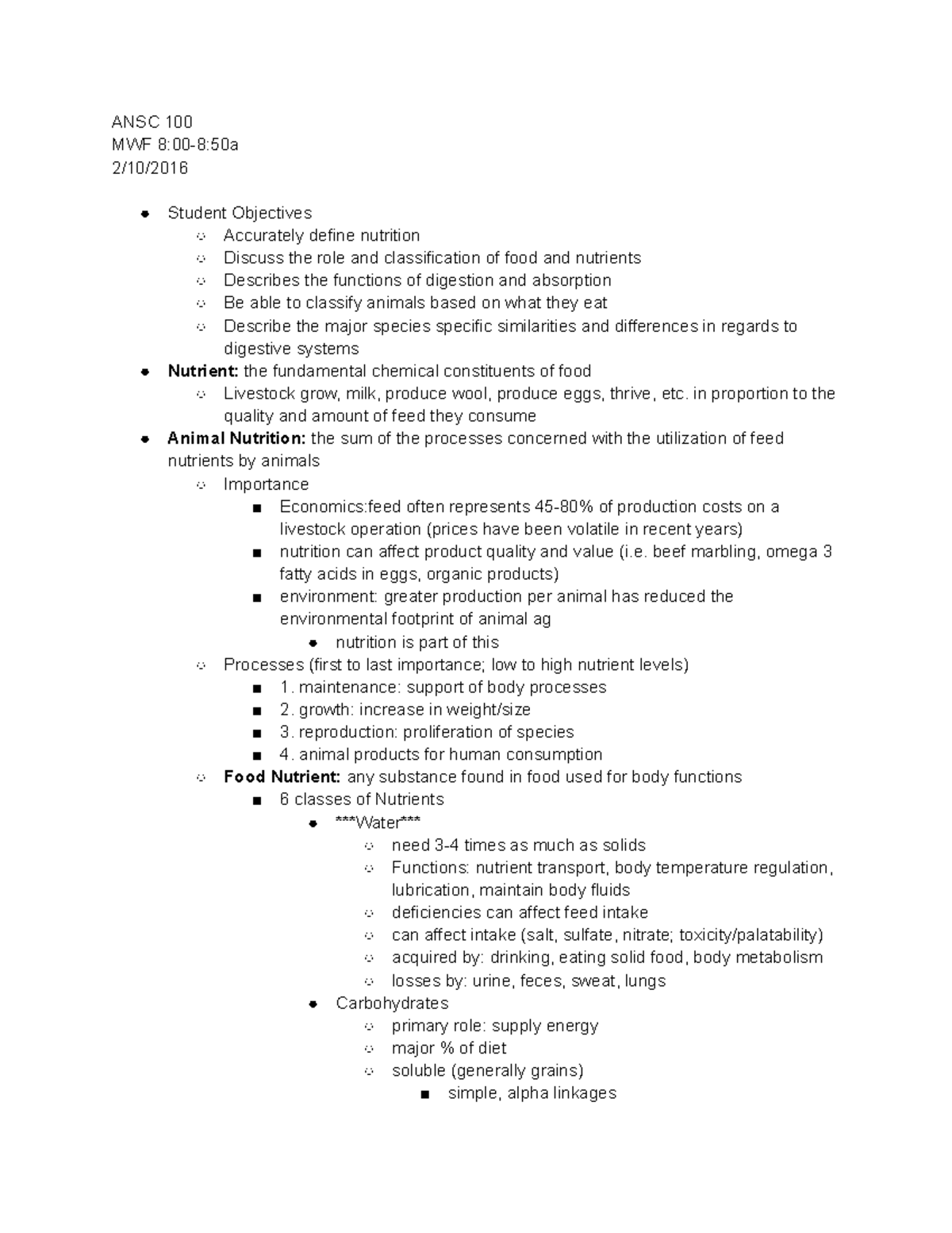ANSC100_Lecture7 - ANSC 100 MWF 8:00-8:50a 2/10/2016 Student Objectives ...