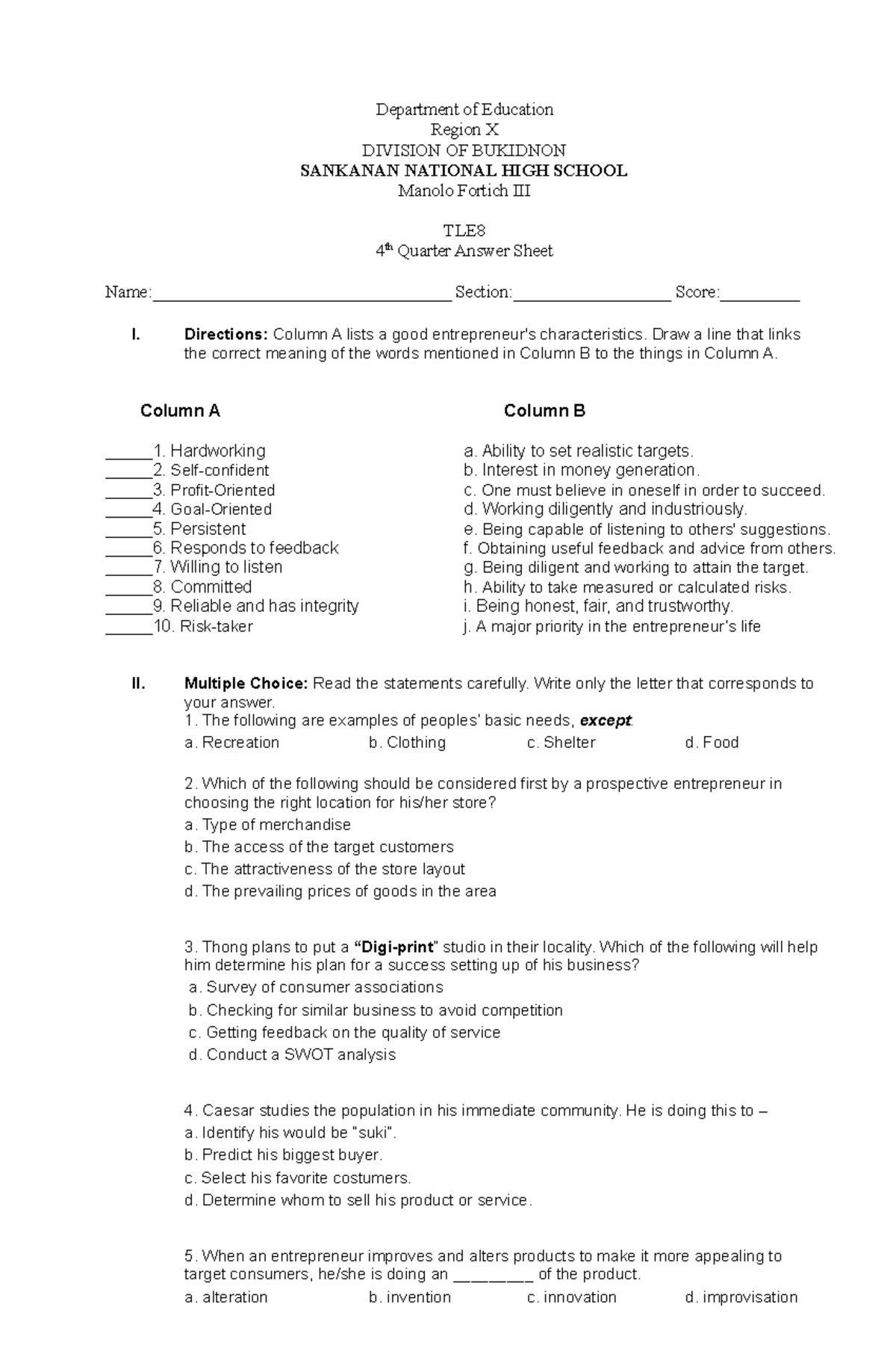 TLE 8 4Q Answer Sheet - Practice materials for junior hi agricrop ...