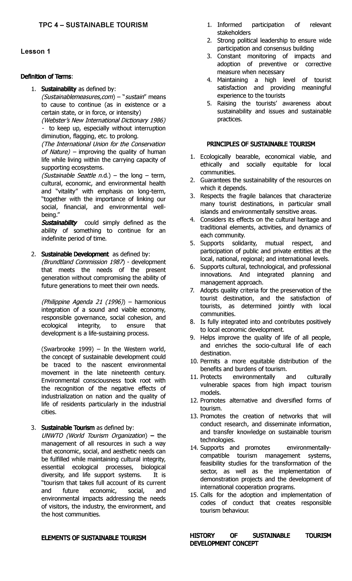 TPC 4 Lesson 1 - Modules - TPC 4 – SUSTAINABLE TOURISM Lesson 1 Definition of Terms ...