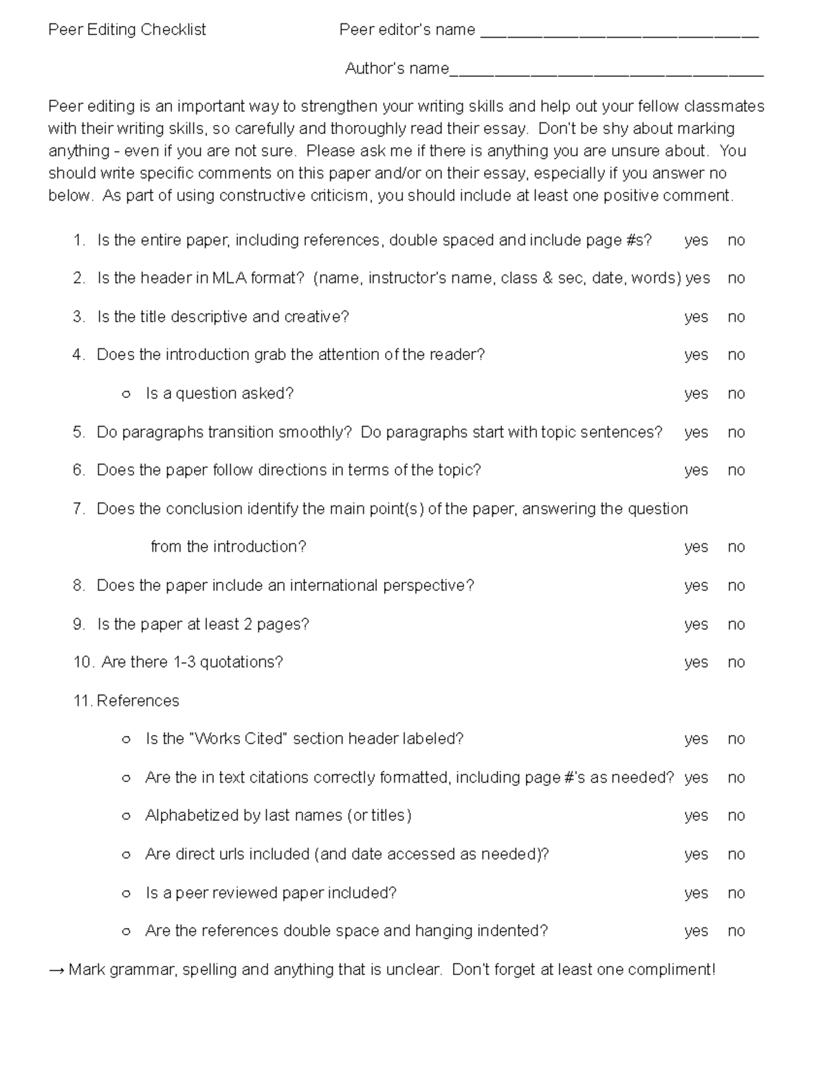 Peer Editing Checklist - Don’t be shy about marking anything - even if ...