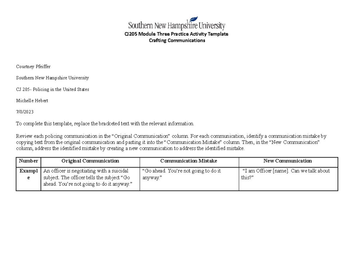 CJ-205 week 3 - class work - CJ205 Module Three Practice Activity Template Crafting ...