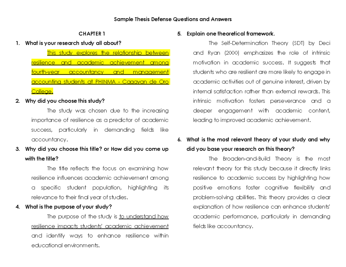 Possible-Defense-Questions - CHAPTER 1 What is your research study all ...