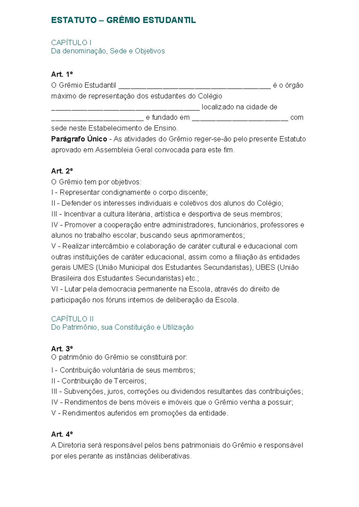Modelo de Estatuto - Resumo Gestão Ambiental - ESTATUTO – GRÊMIO ...