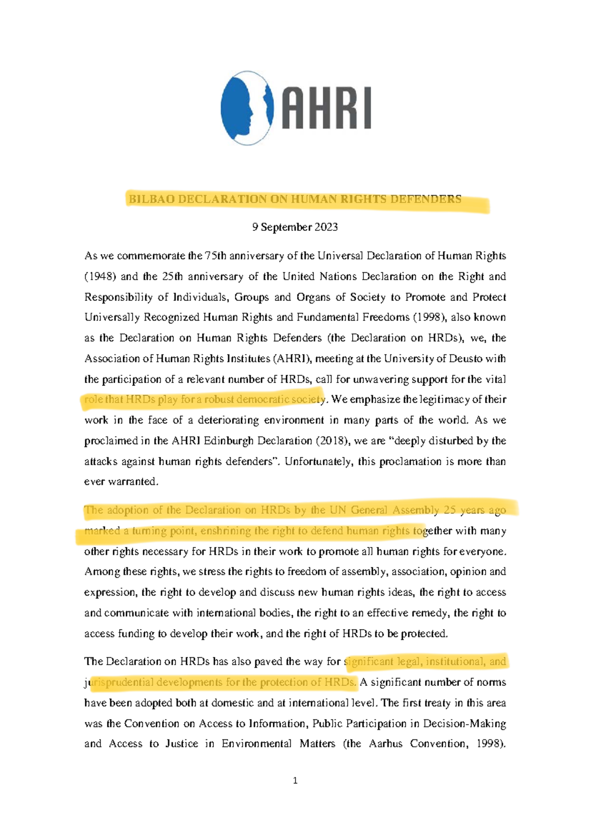 AHRI Bilbao Declaration ON Human Rights Defenders 1 - 1 BILBAO ...