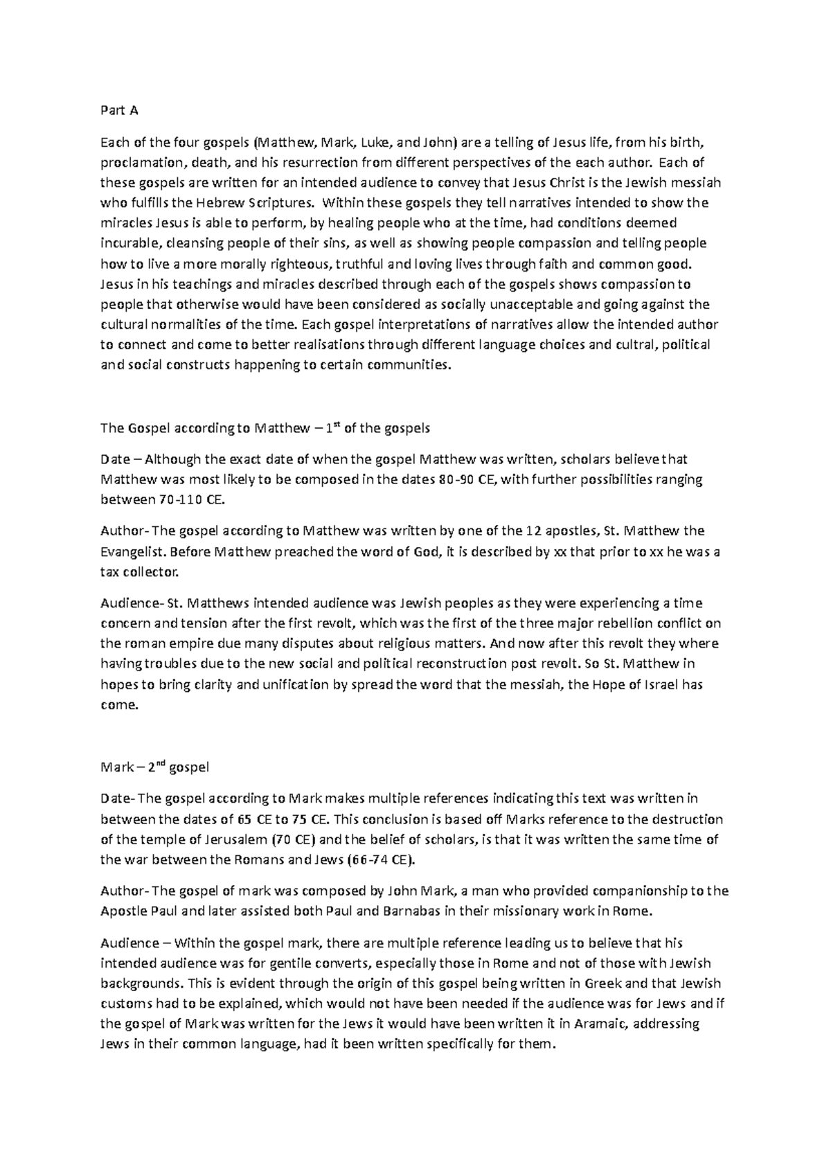 Religon christian notes - Part A Each of the four gospels (Matthew ...