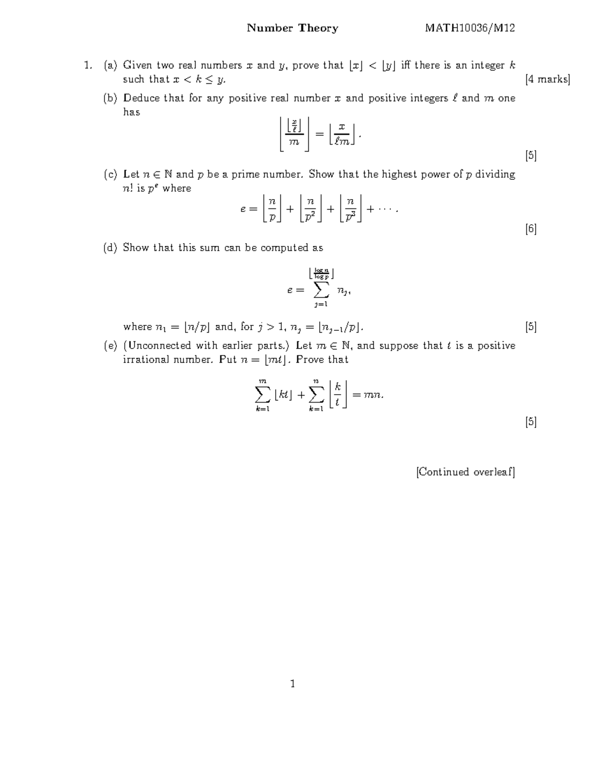 Exam May 2012, questions - Number Theory 1. (a) Given two real numbers ...