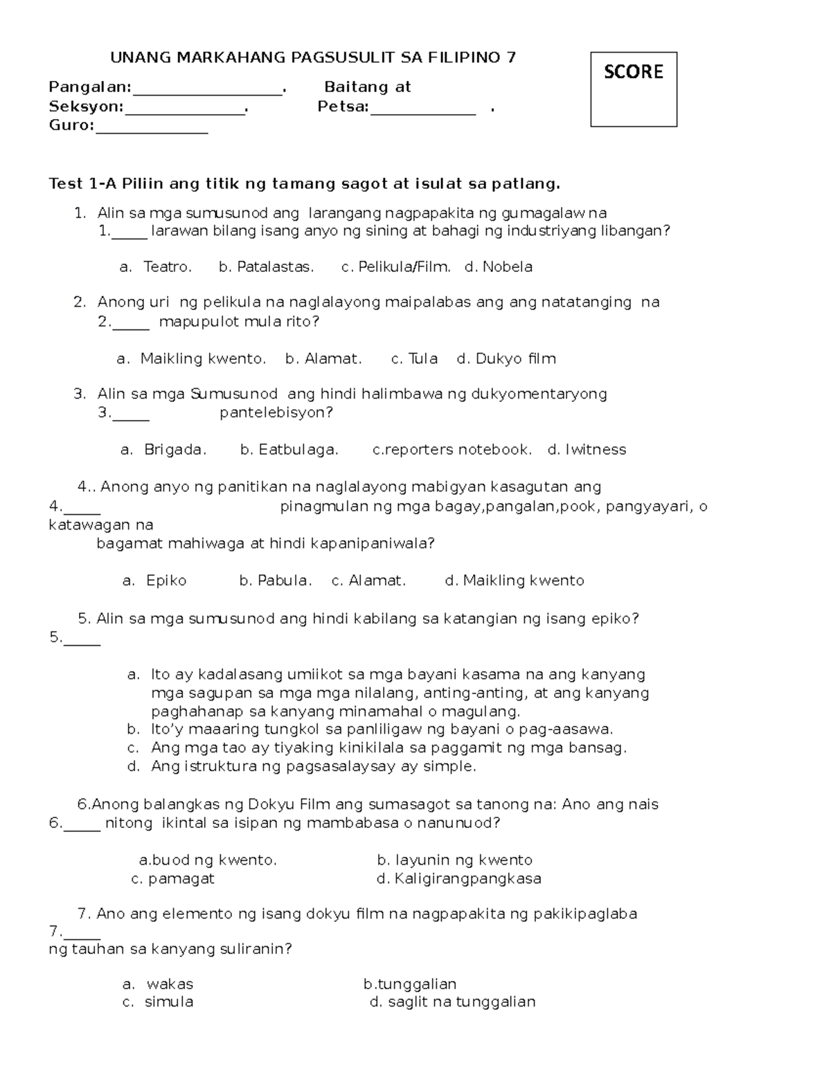 Filipino 9 Test Questionnaire - Accounting Information System - OLPCC ...