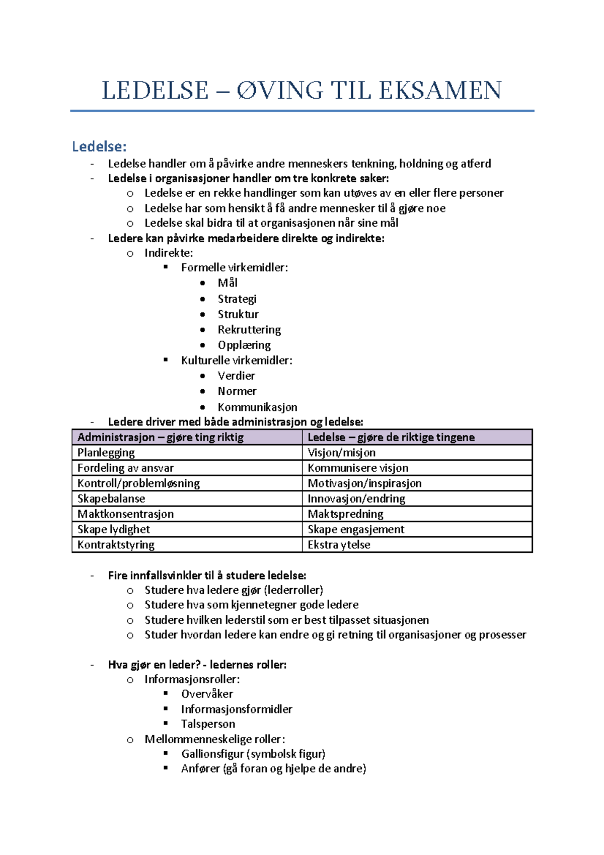 Ledelse organisasjon og kommunikasjon - LEDELSE – ØVING TIL EKSAMEN Ledelse: Ledelse handler om ...