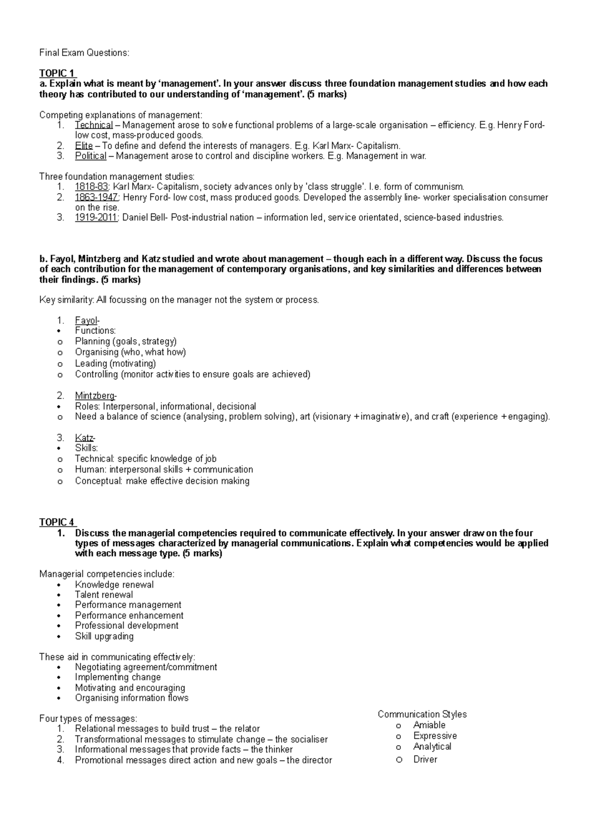 Final Exam Topic Outlines - Final Exam Questions: TOPIC 1 a. Explain ...